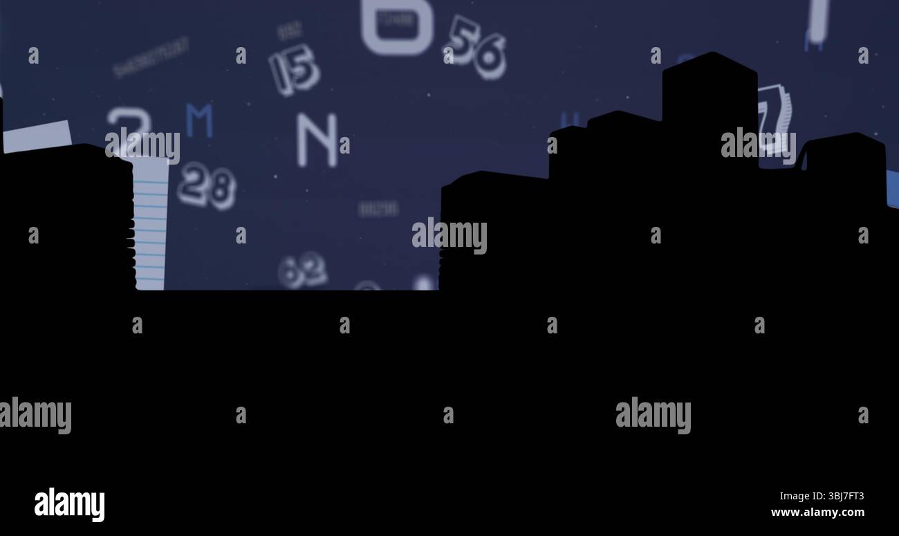 Illuminating high-rise skyline silhouette at night, with floating ...