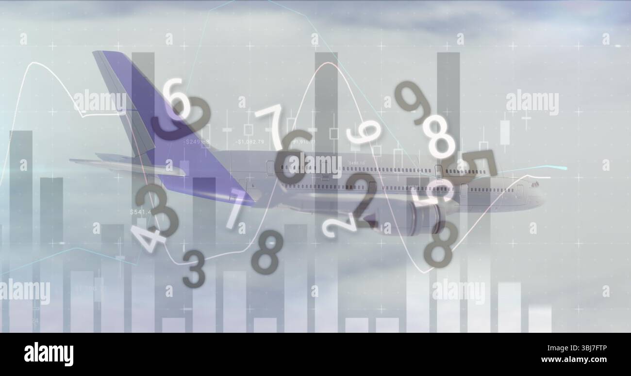 Soaring commercial jet airplane in cloudy sky, showing digits and bar ...