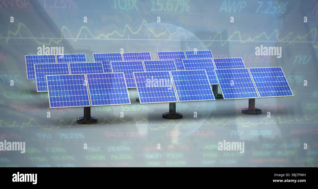 Showing blue solar panels on pedestals on grey backdrop, featuring ...