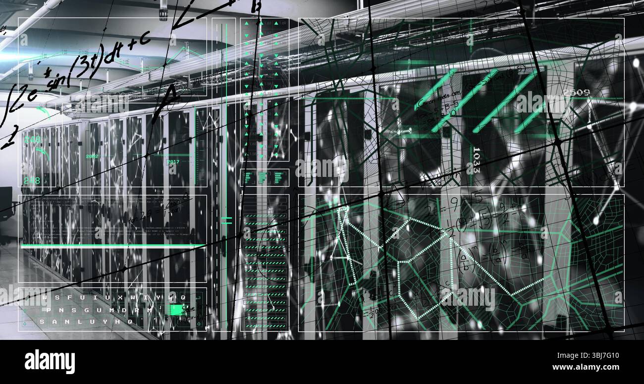 Displaying server racks showing LED indicators, digital overlay in data ...