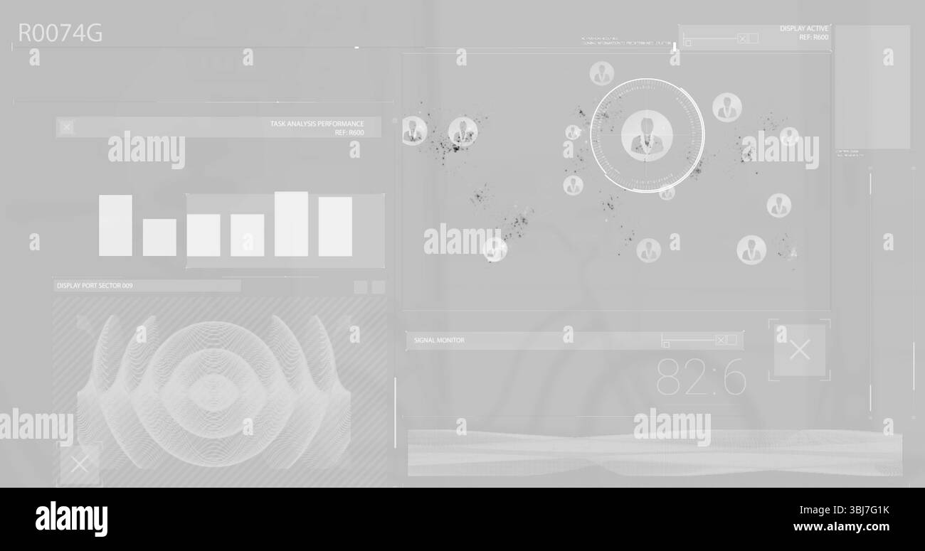 Displaying dashboard on screen, with network diagram, signal monitor ...