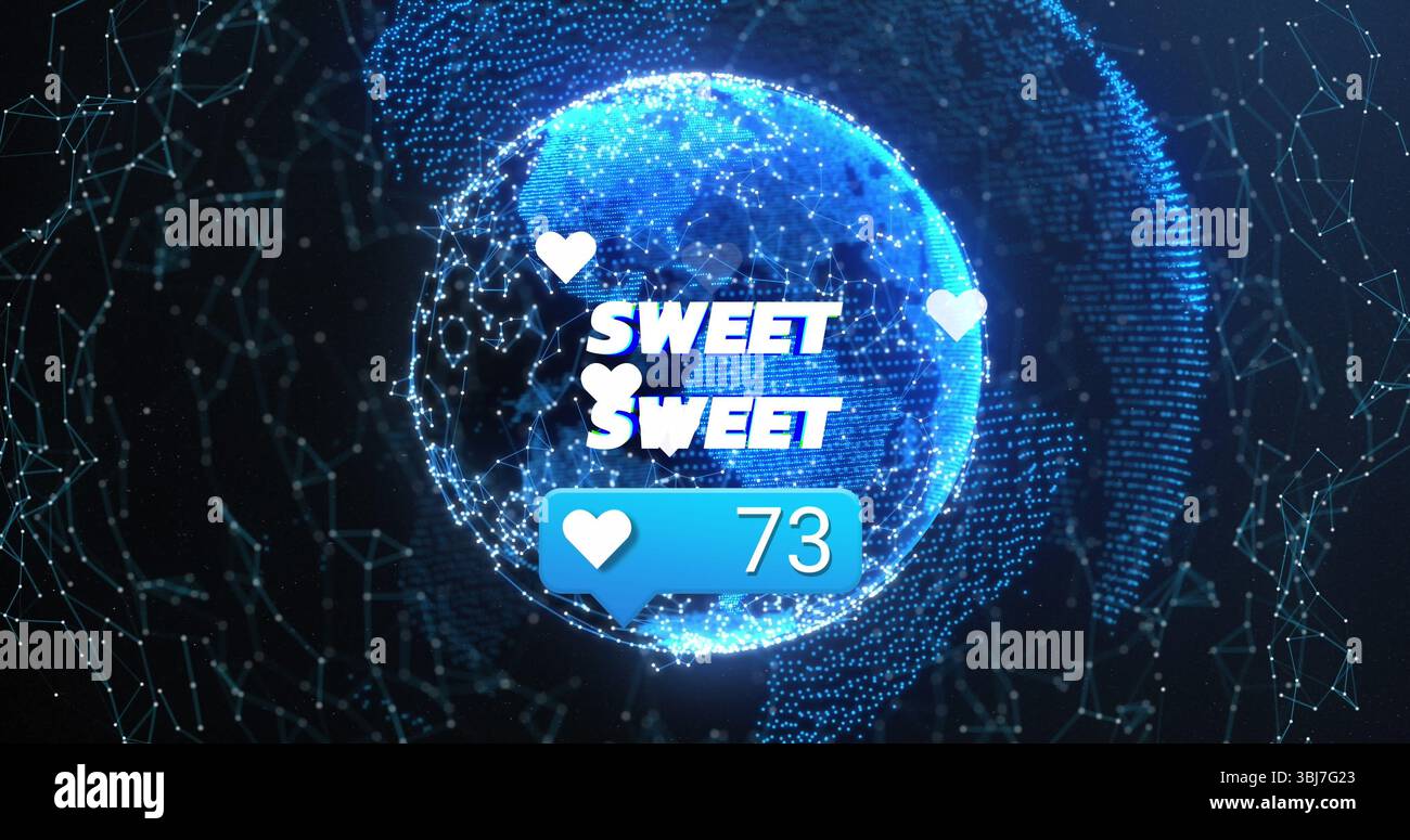 Displaying globe glowing with blue nodes in network, SWEET text and 73 ...