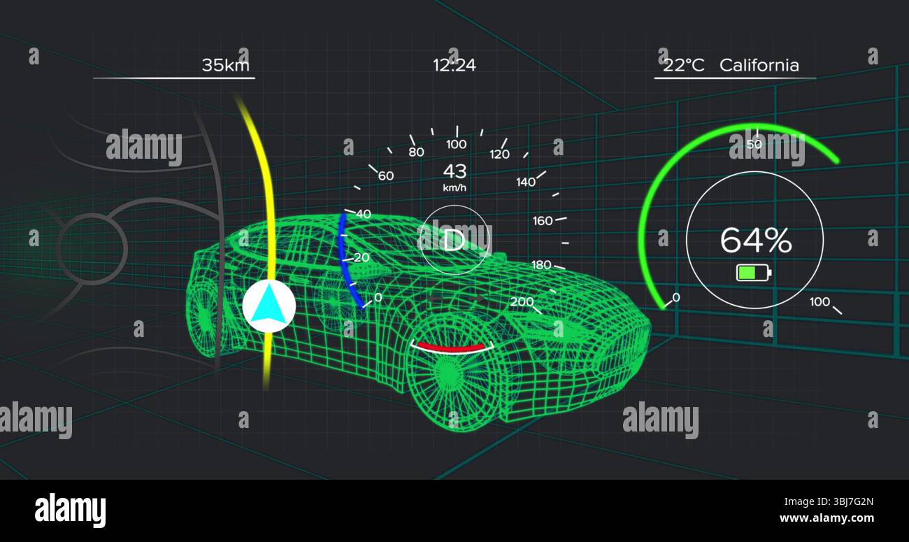 Showing green wireframe sports car navigating 3D grid tunnel, with ...