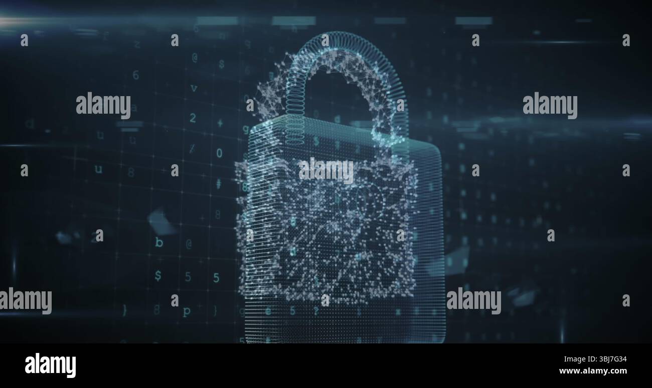 Glowing holographic padlock floating in code matrix, with alphanumeric ...