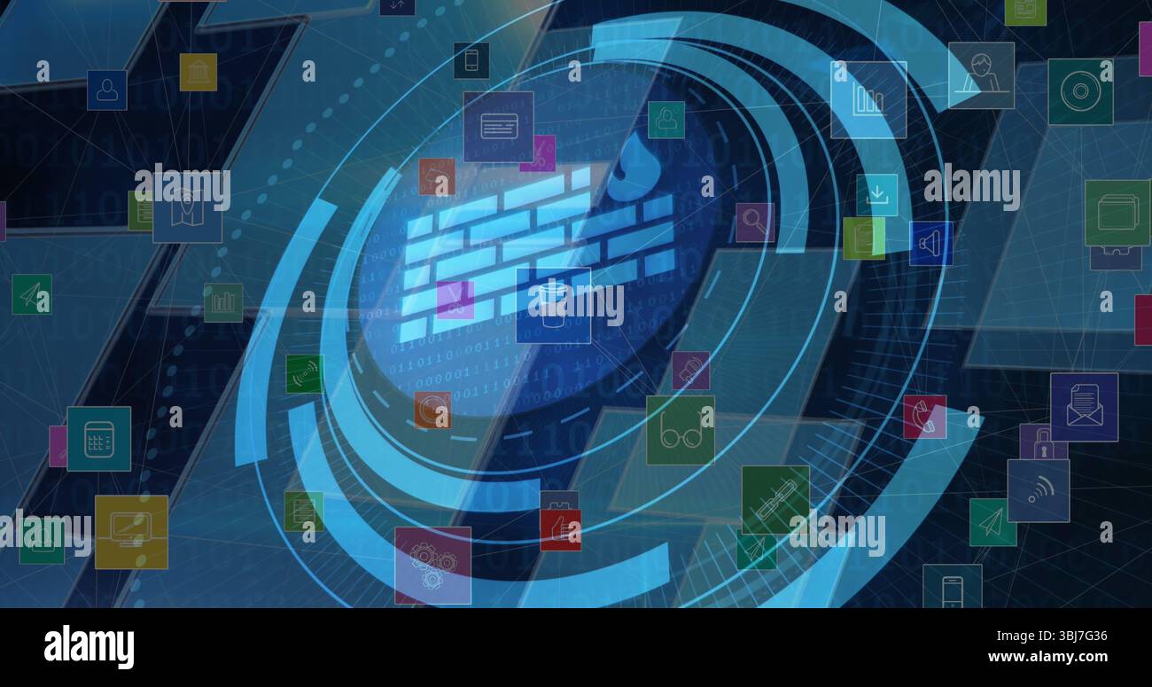 Showing central firewall icon framed by concentric rings at network ...