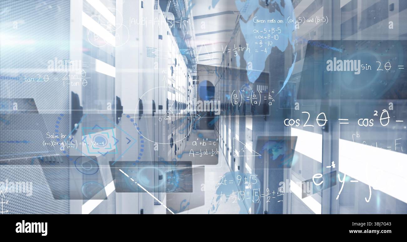 Displaying server racks in data center, with holographic math equations and world map overlay ...