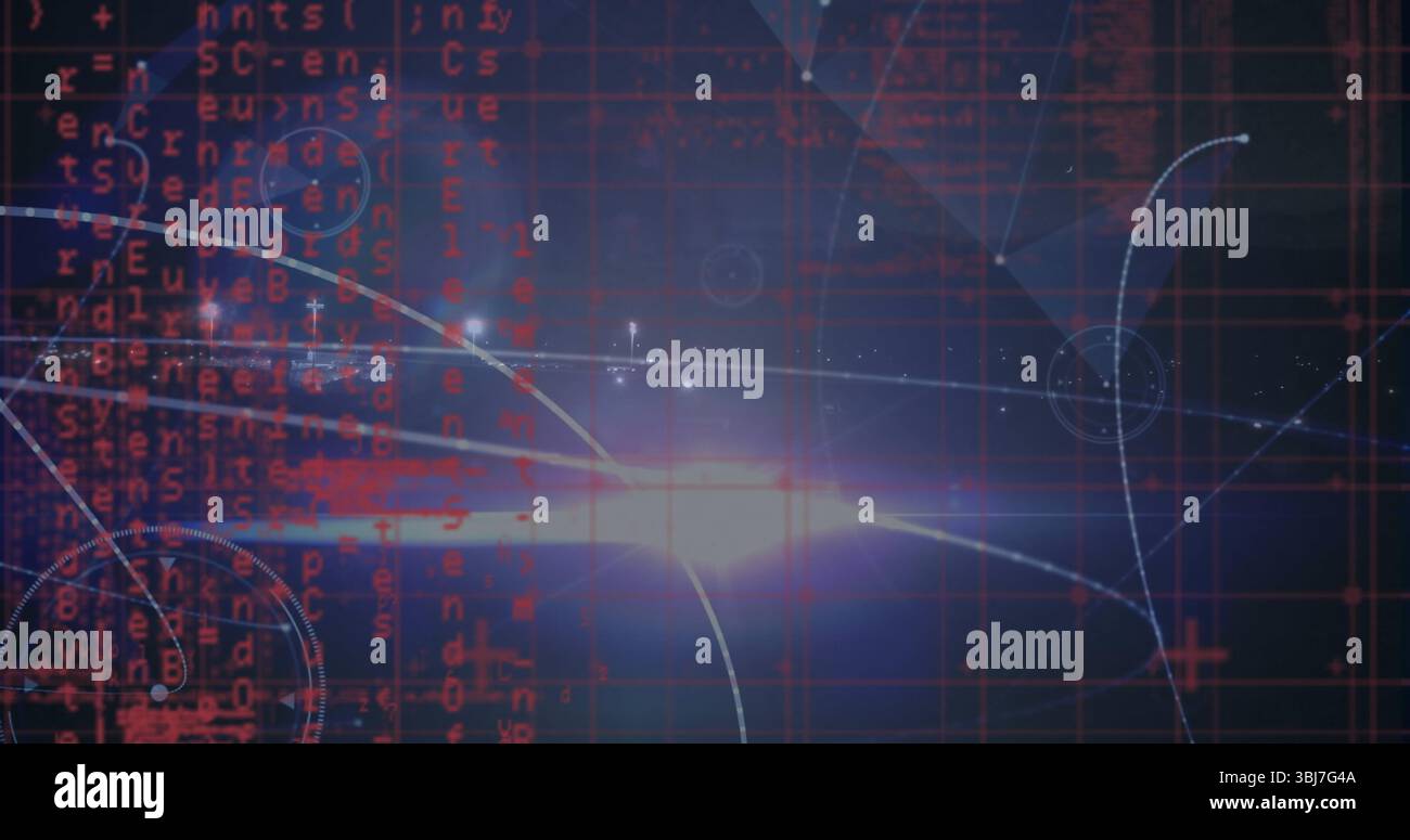 Glowing central light burst radiating network grid, with red code lines ...