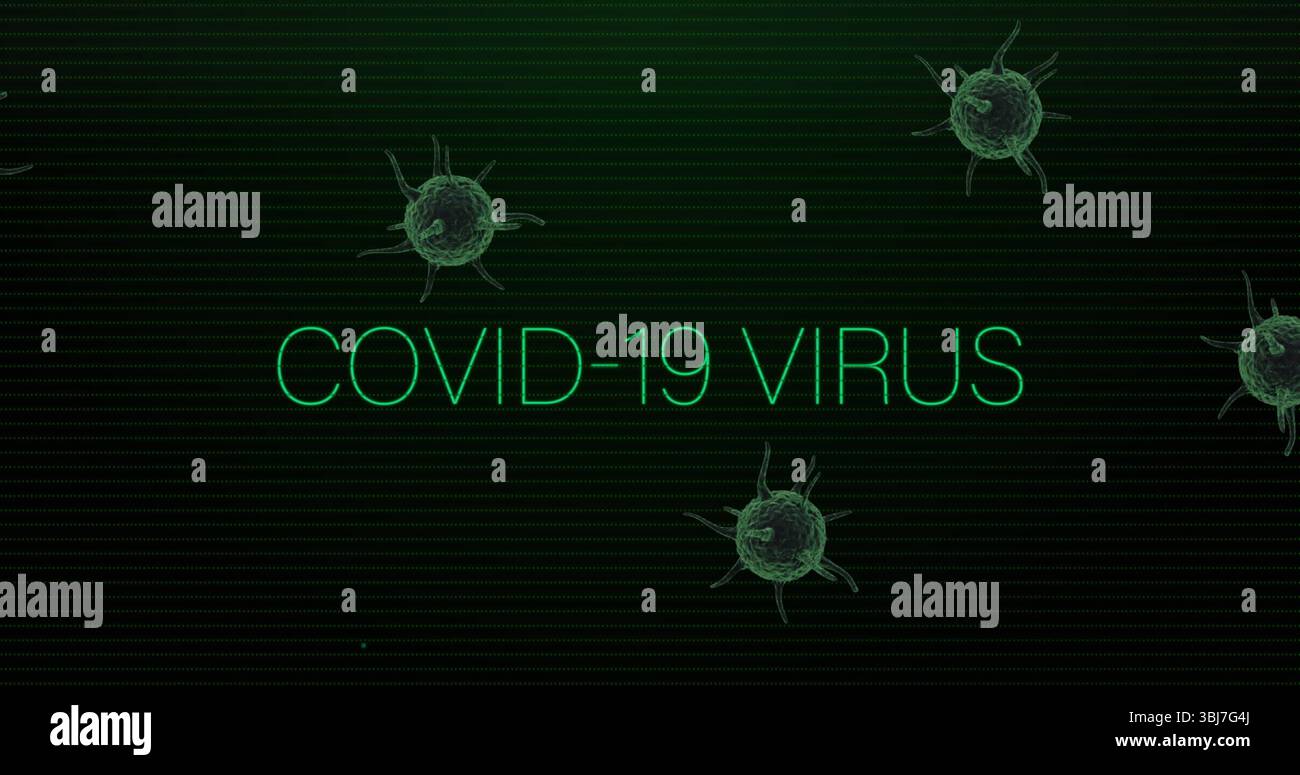 Displaying green neon text 'COVID-19 VIRUS' floating on dark digital ...