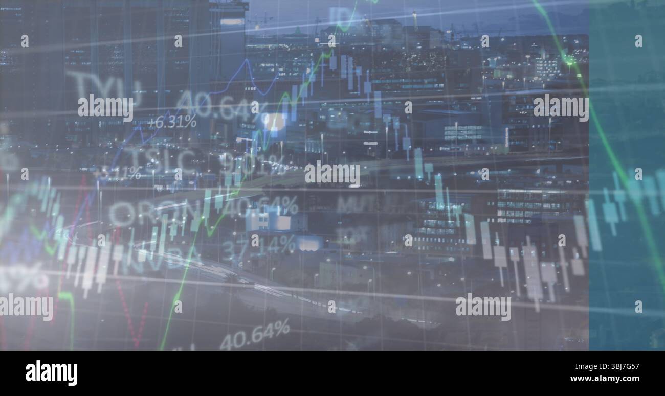Showing transparent candlestick bars and line graphs over city skyline ...