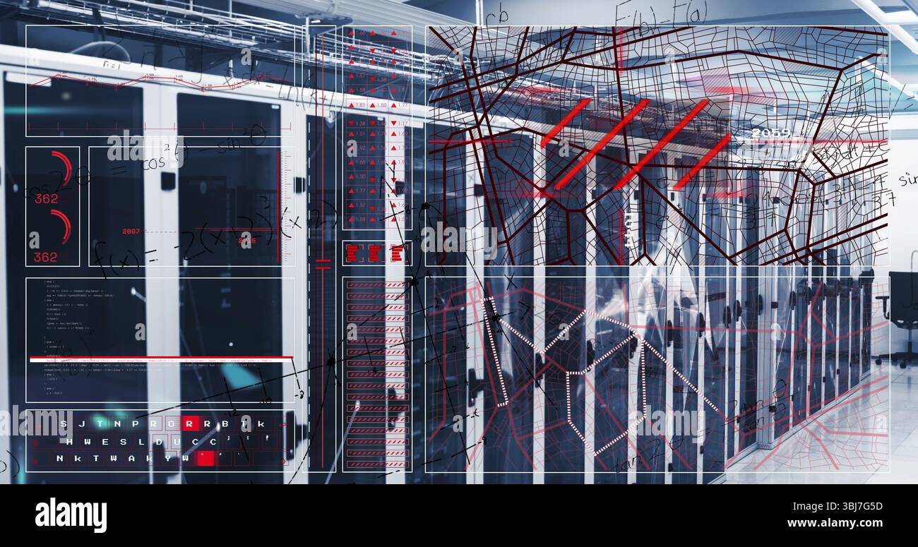 Central server cabinets standing in data center, with LED lights and ...