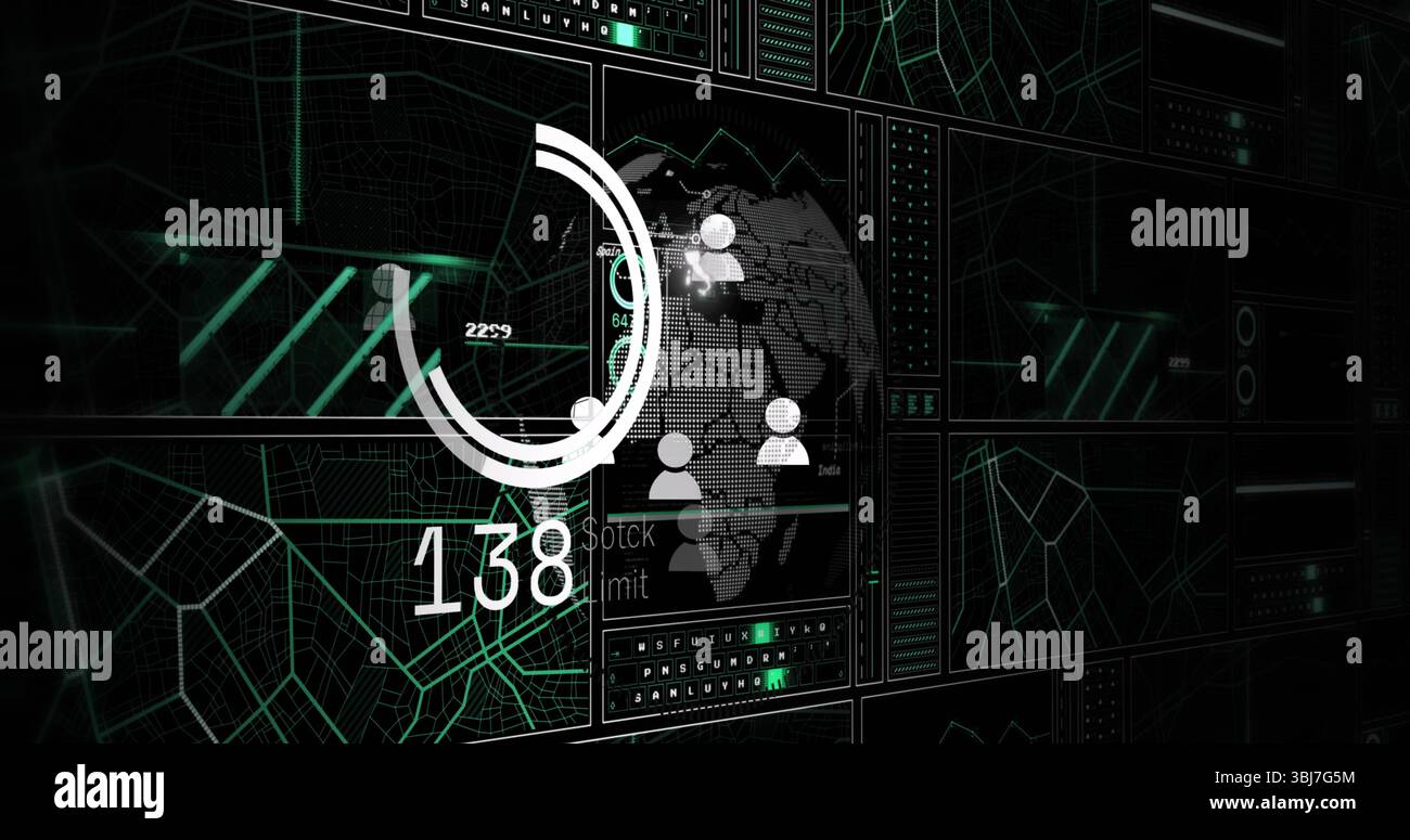 Displaying dashboard showing circle progress ring, world map with user ...