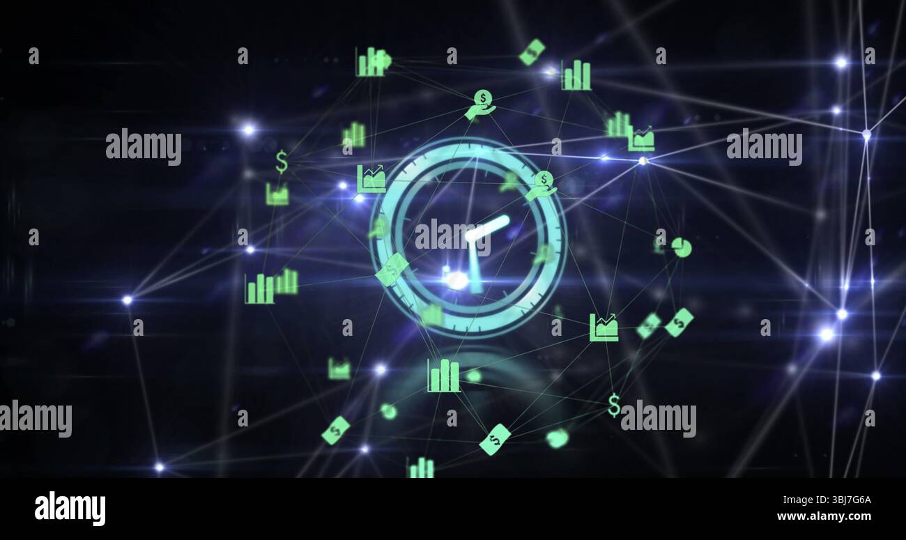 Glowing central clock linking data lines in cyber grid, with floating ...
