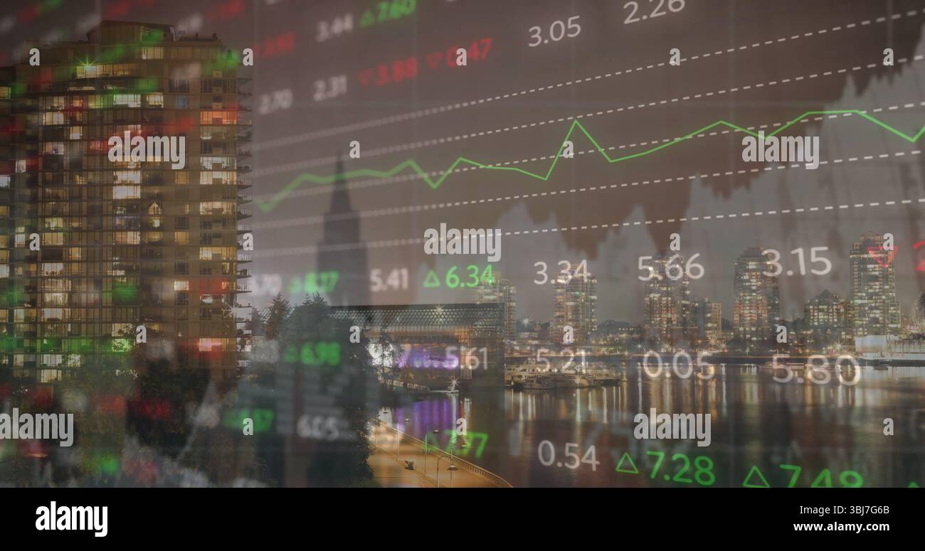 Displaying transparent market graph overlaying night waterfront skyline ...