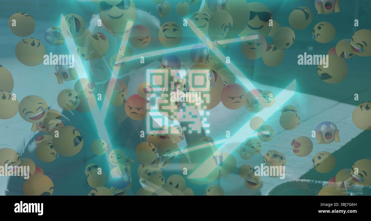 Projecting neon-green QR code on sidewalk, swirling emojis around ...