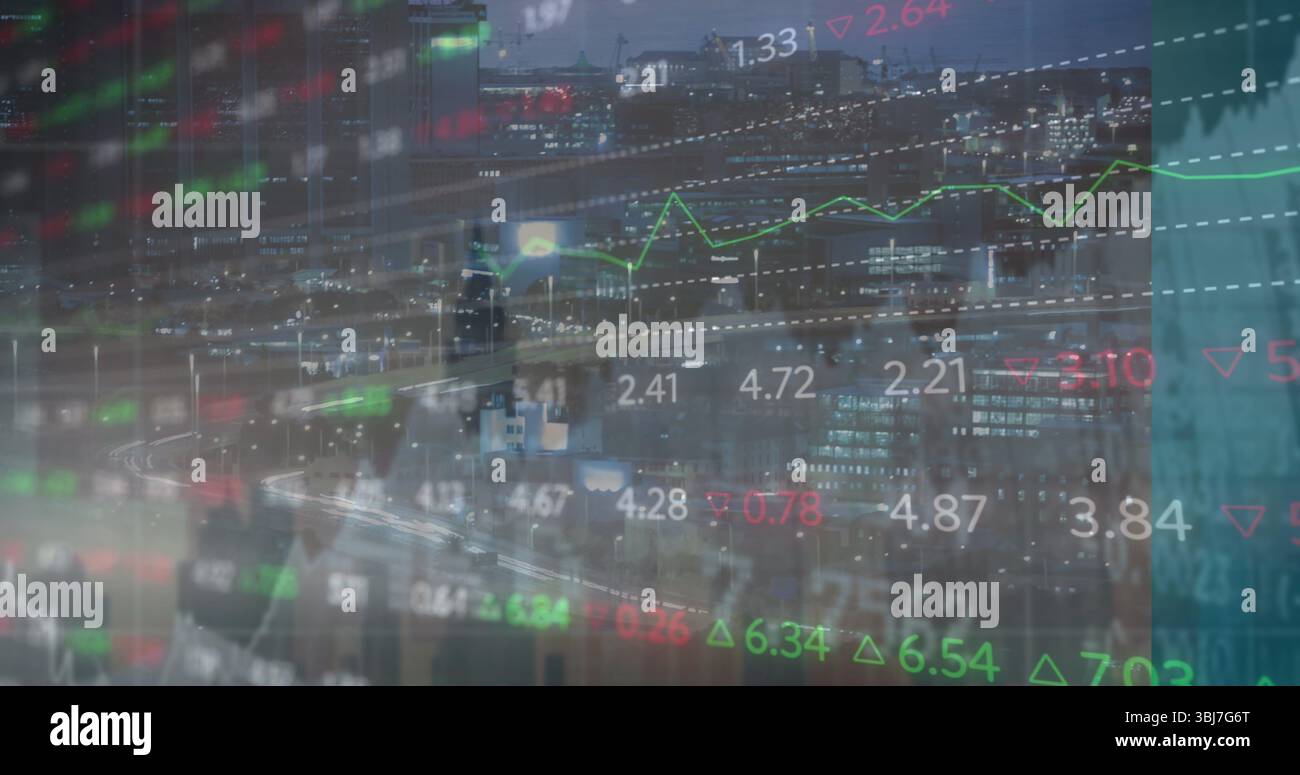 Financial data glowing over city highways at night, with green line ...