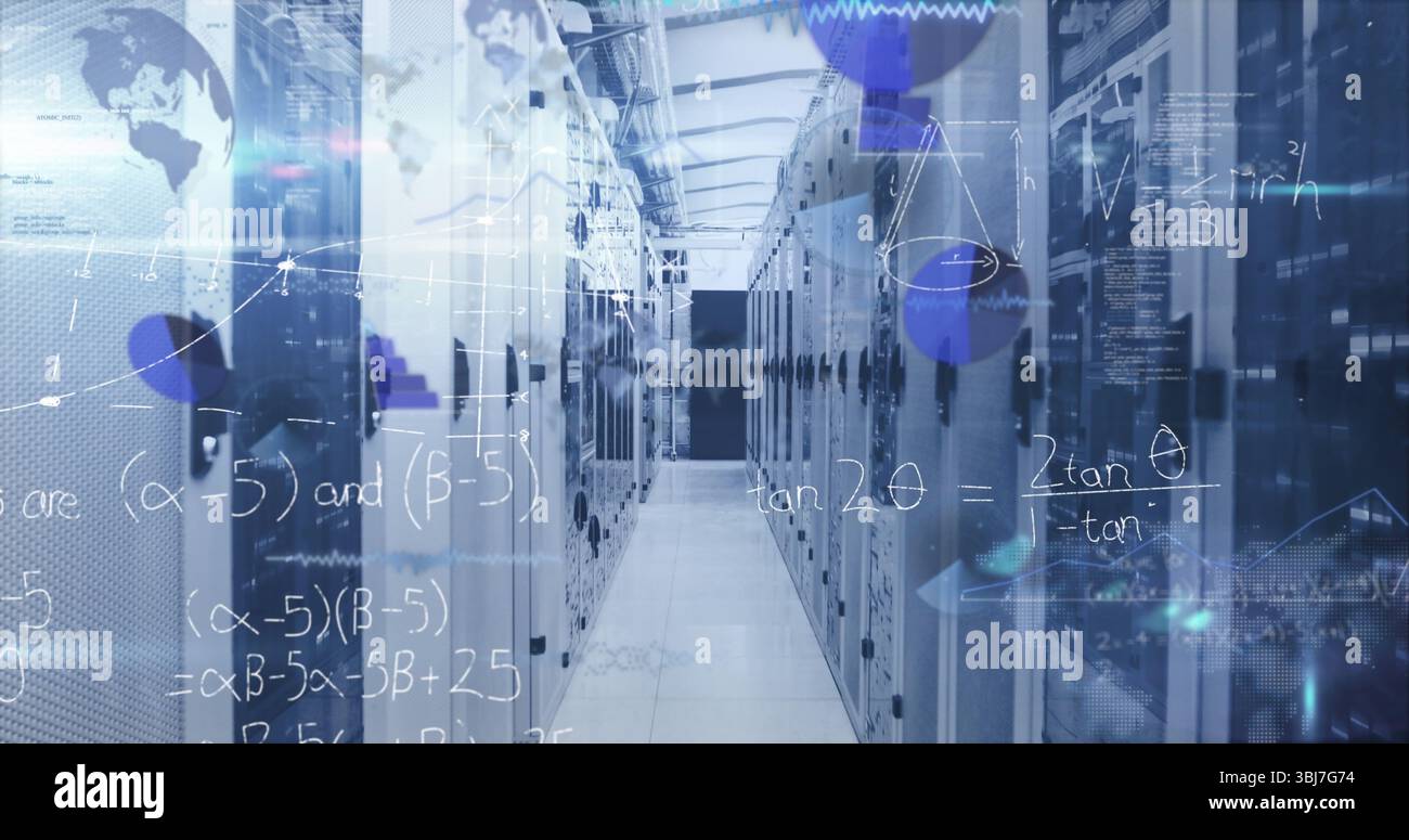 Extending Central Aisle Flanked By Server Racks In Server Room With Floating Holographic