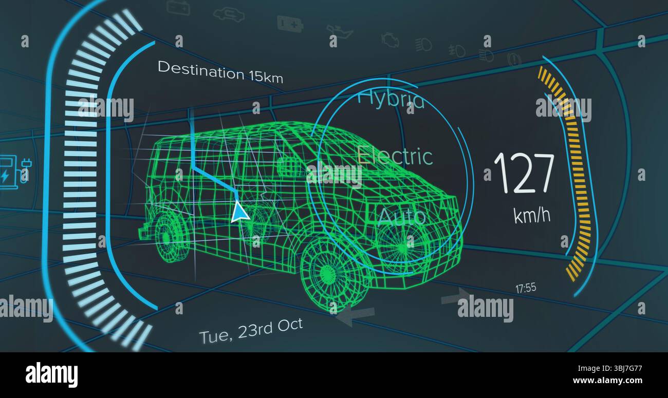 Displaying neon-green wireframe van model on virtual grid, with speed readout, drive mode labels ...