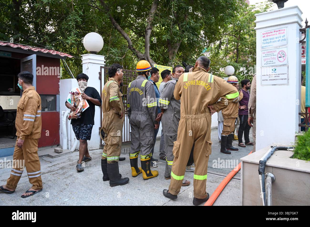 NOIDA, INDIA - JUNE 13: Firefighters worked to extinguish a blaze in the basement of Sumitra ...