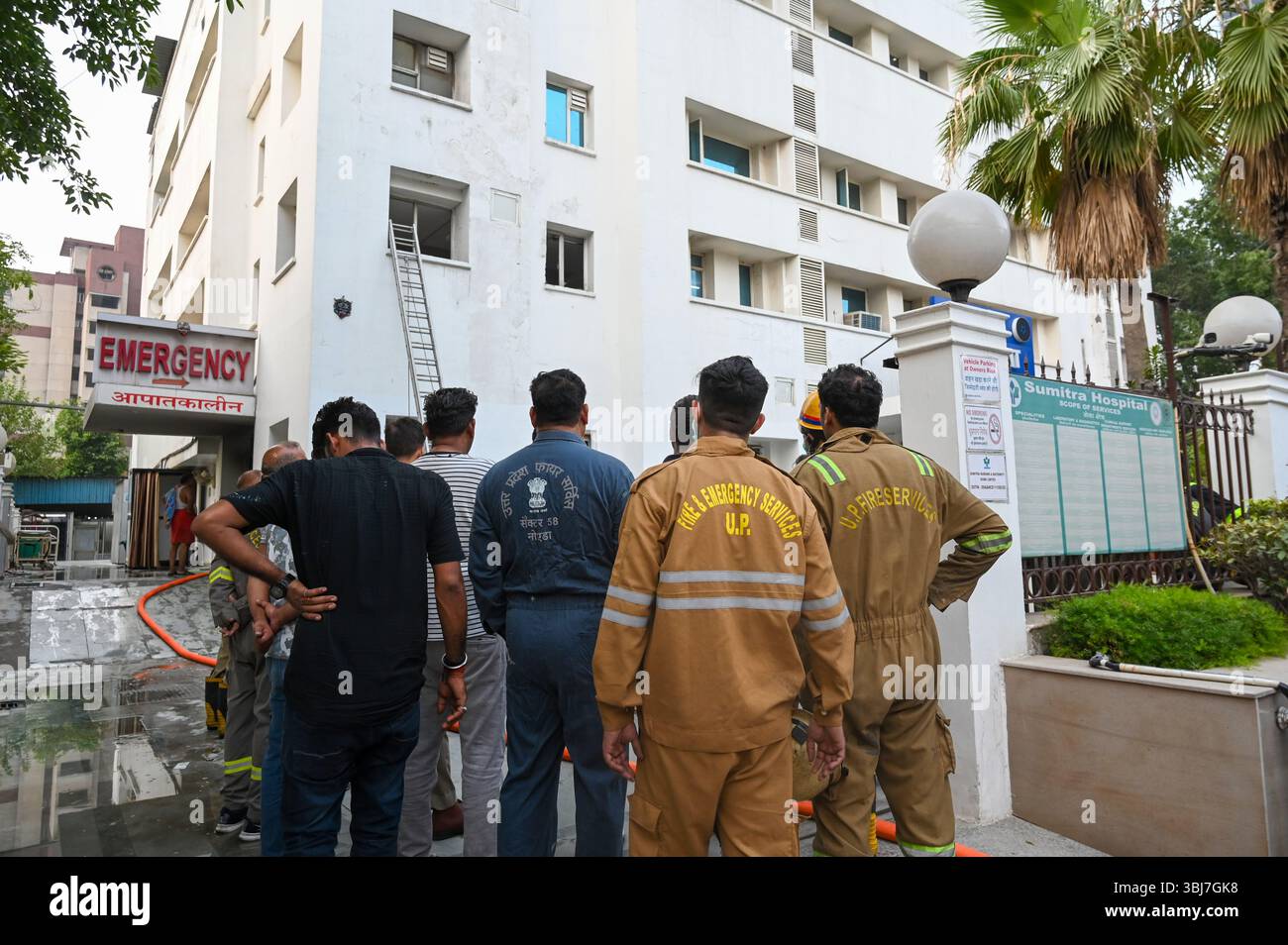NOIDA, INDIA - JUNE 13: Firefighters worked to extinguish a blaze in the basement of Sumitra ...