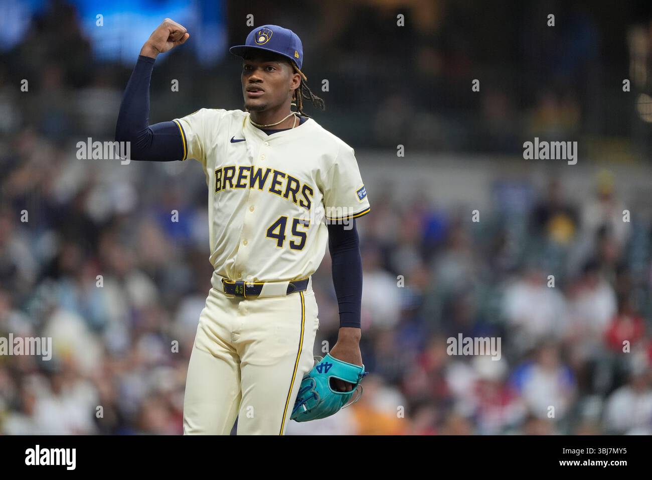 Milwaukee Brewers' Abner Uribe gestures during a baseball game against ...
