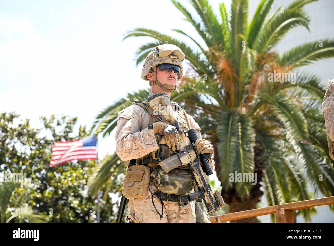 A U.S Marine guards a federal building, Friday, June 13, 2025, in Los ...