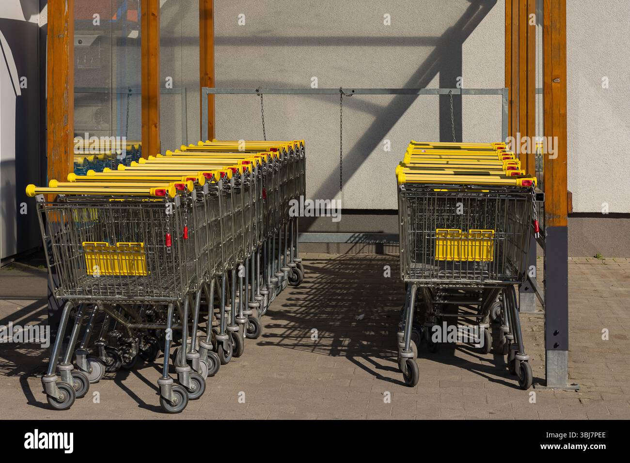 Multiple metal shopping carts with yellow handles neatly arranged in ...
