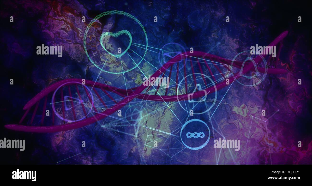 Displaying red double-helix DNA strand spinning in data interface, with heart-link icons ...