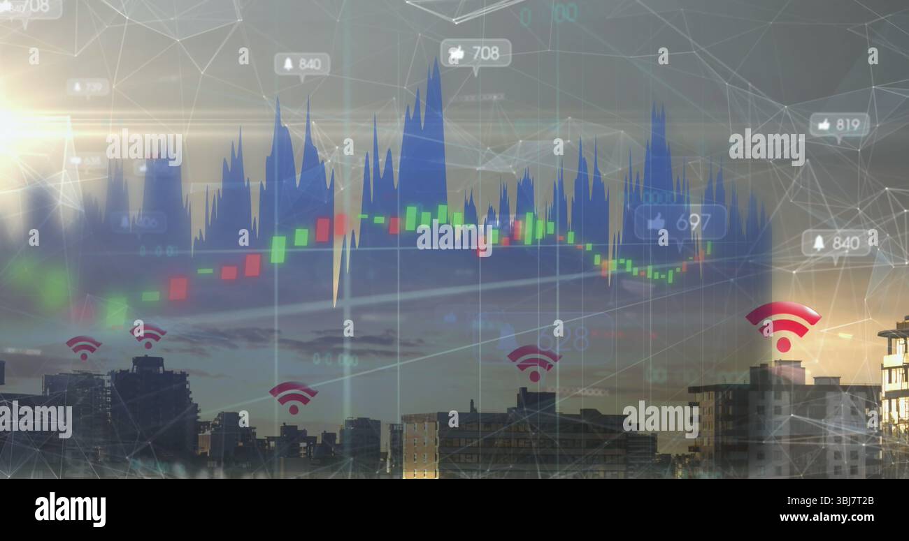 Data overlay spanning urban skyline at dusk, with stock charts, network ...