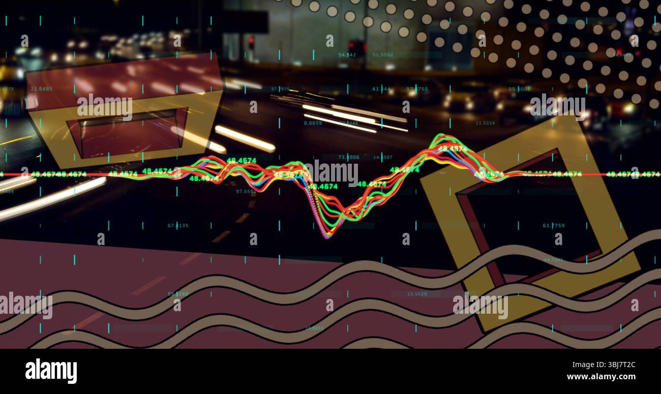 Displaying neon line graph undulating over dark road, showing numeric ...