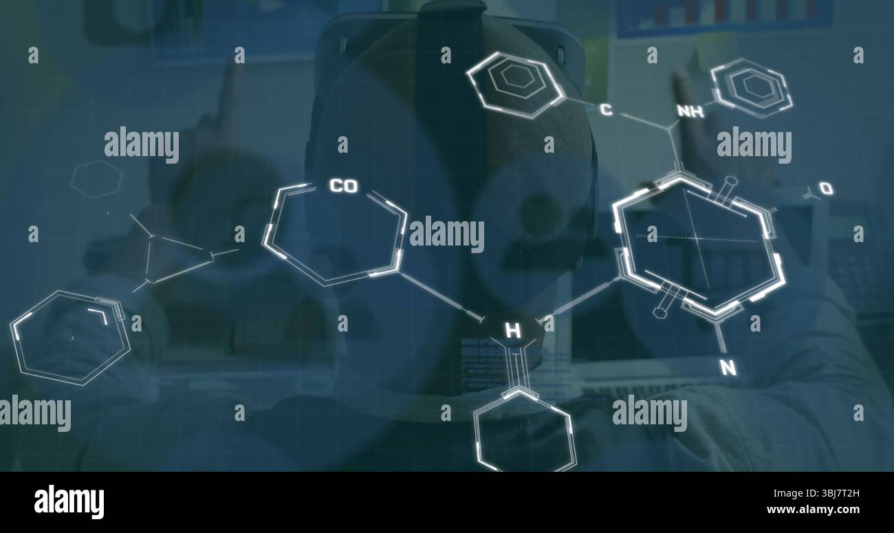 Reviewing researcher wearing headphones examining molecular chemistry ...