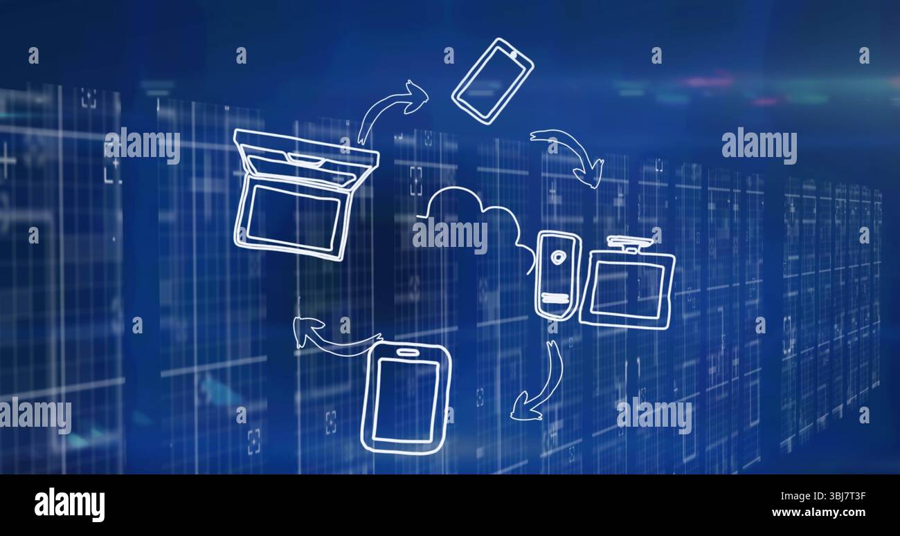 Showing circular cloud and device icons linking by arrows over server ...