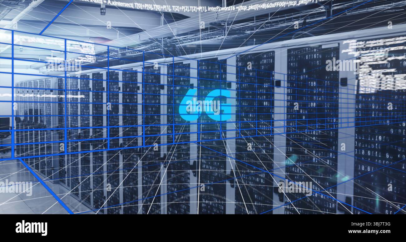 Displaying central network visualization over server racks in data center aisle, with blue 4G ...