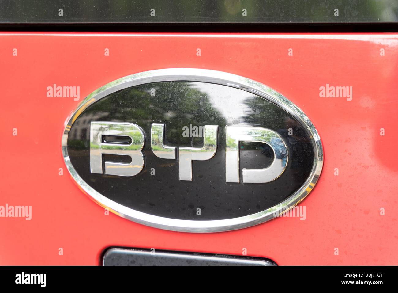 BYD logo badge displayed on the front bonnet of a London electric bus ...