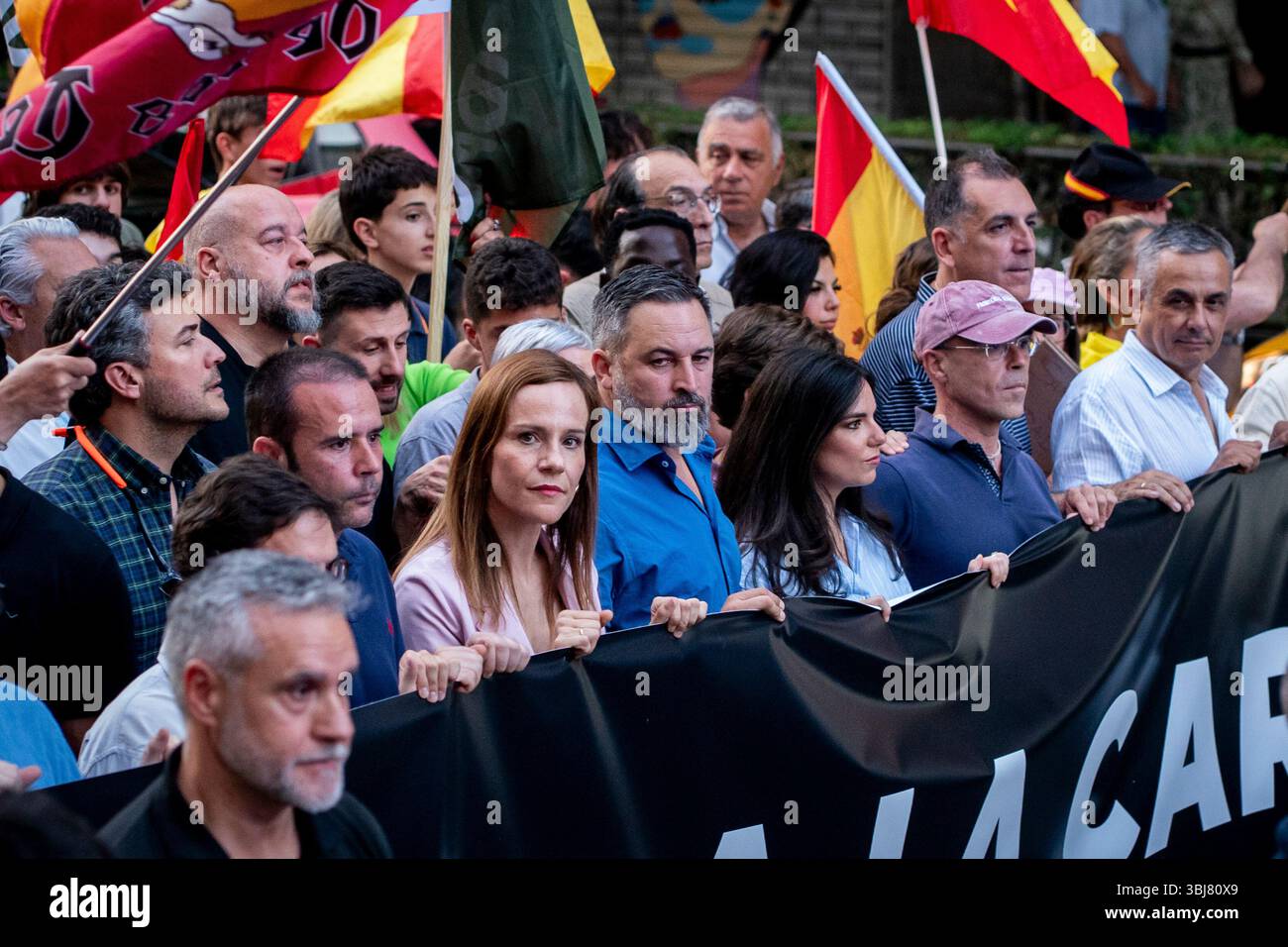 Santiago Abascal, leader of the far-right party Vox, attends to the ...