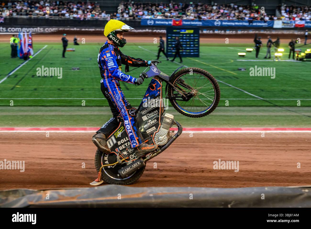 Brady Kurtz (101) of Australia celebrates with a wheelie during the ...