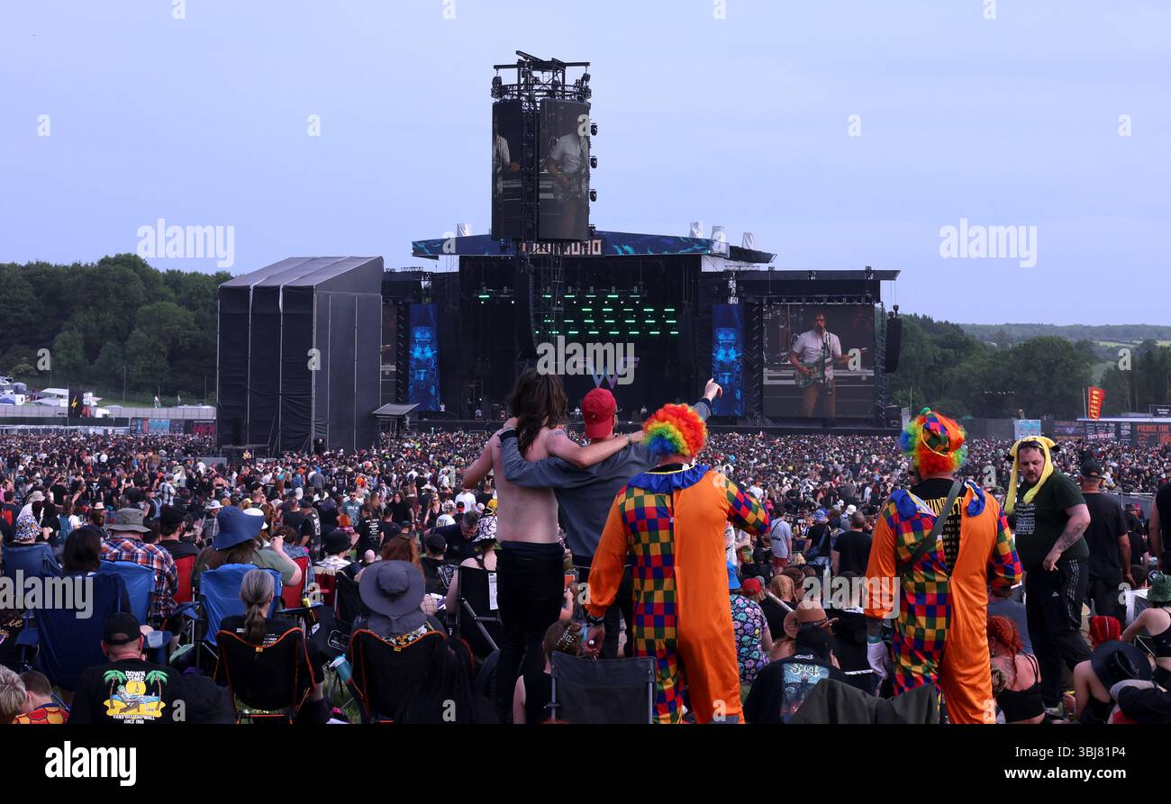 Leicestershire, UK. Friday June 13, 2025. Festival goers watch Weezer ...