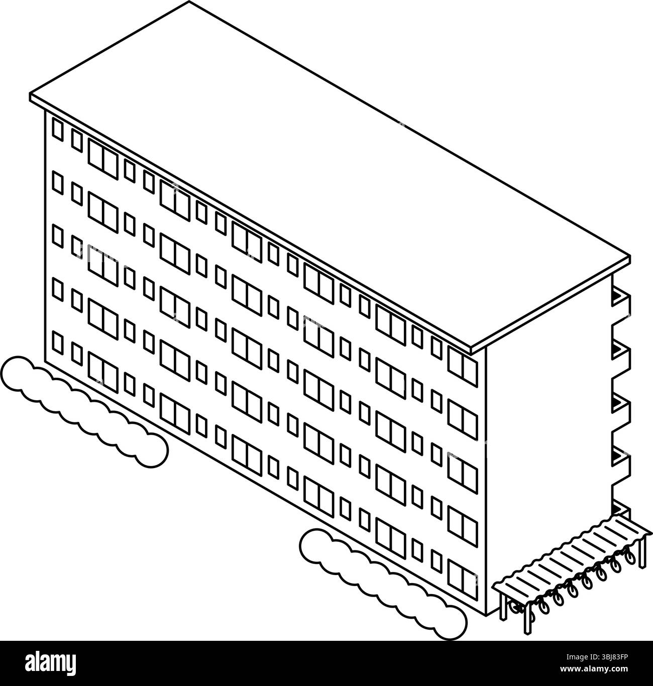Isometric line drawing of an old five-story Japanese public housing ...