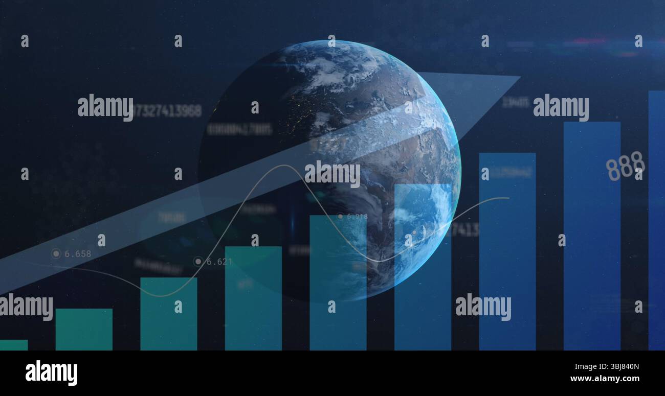 3D Earth globe spinning in space, with colored columns, line curve, upward arrow, numeric labels ...