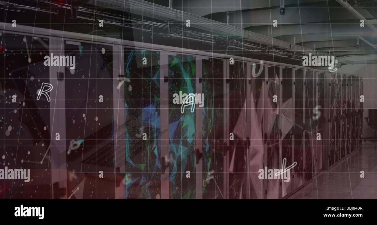 Server racks displaying data flow in data center aisle, with network ...