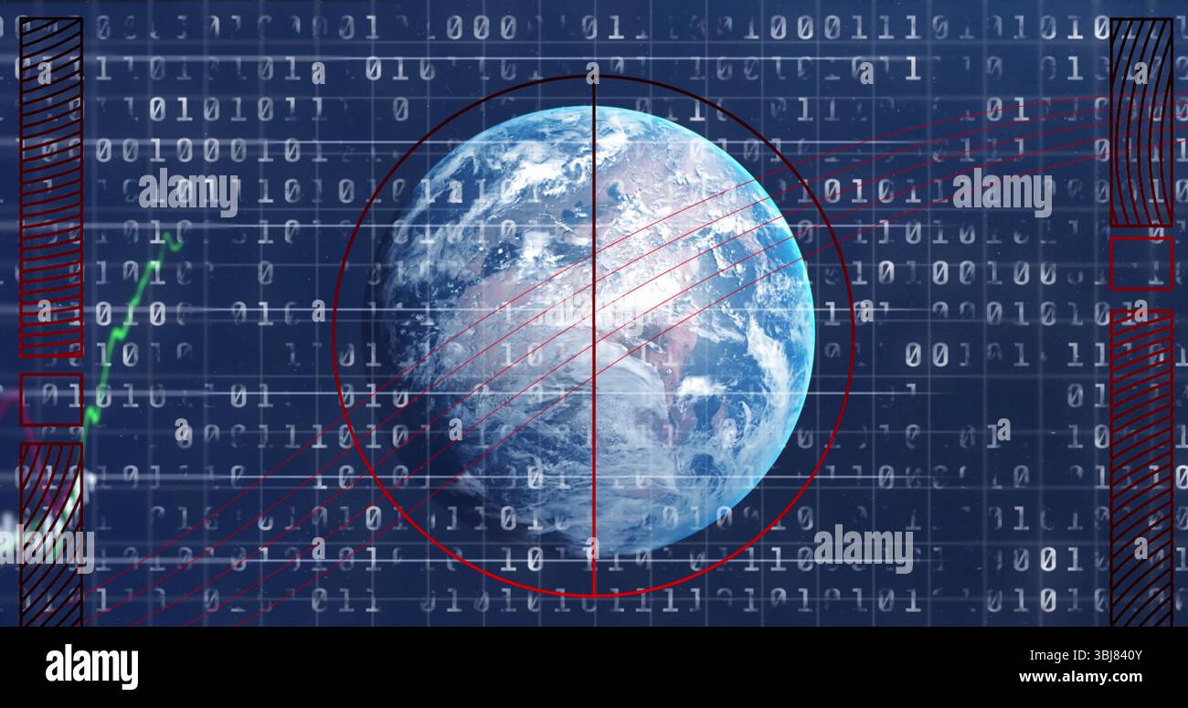 Displaying 3D Earth globe rotating on data interface, with binary code, red reticle, side UI ...