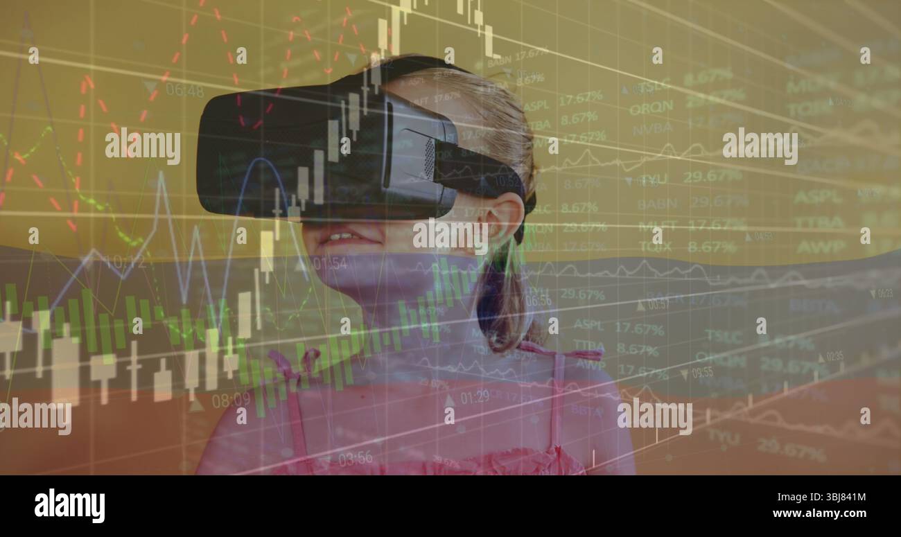Standing child wearing pink top and black VR headset in trading simulation with candlestick ...