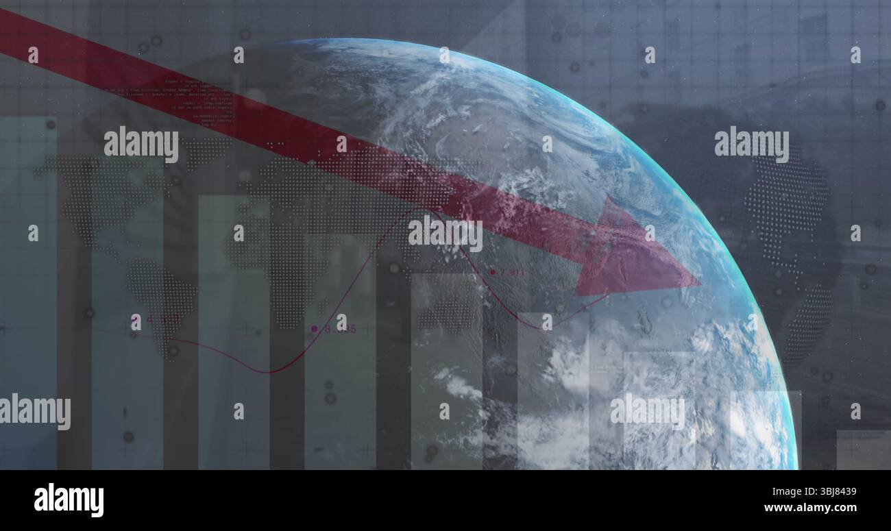 Displaying 3D Earth globe showing data trends in dashboard, with translucent bar charts, red ...