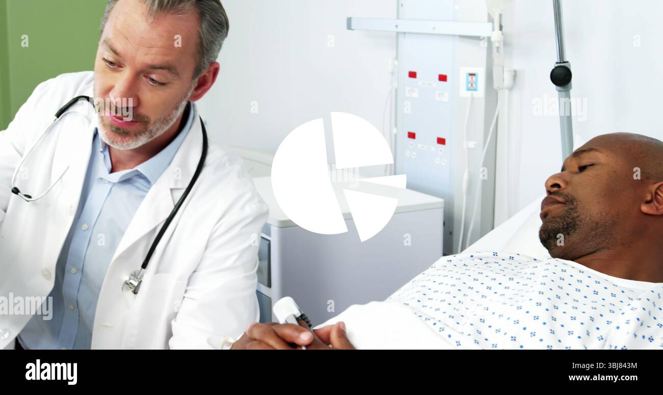 Examining doctor wearing white coat checking patient pulse in ward ...