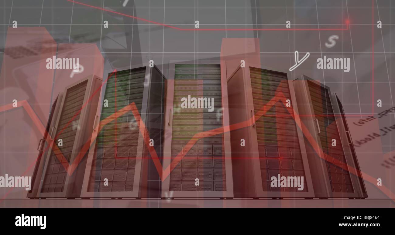 Displaying six server cabinets in data center, with LED indicators ...