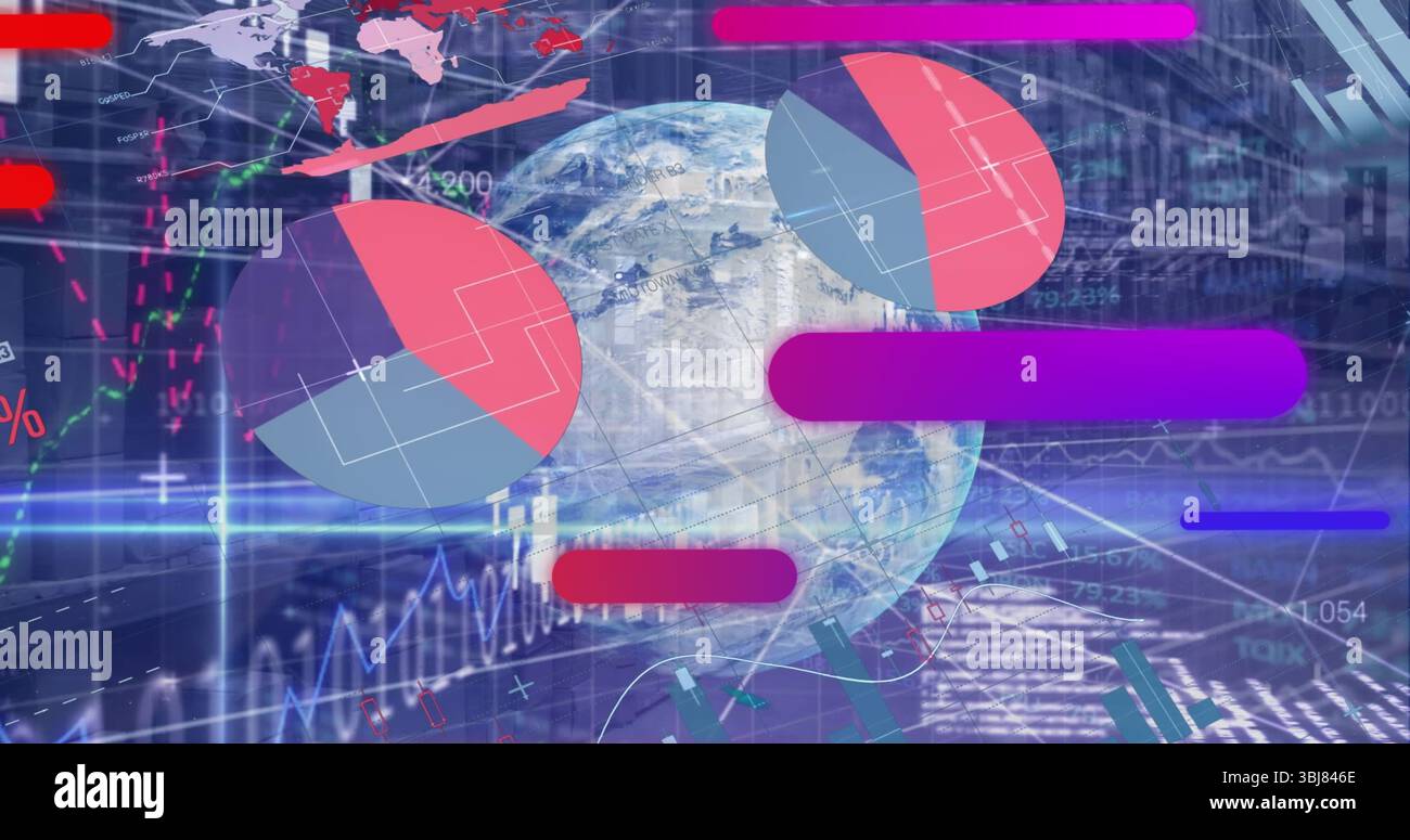 Displaying Earth globe floating over digital dashboard, with pie, bar and line chart overlays ...