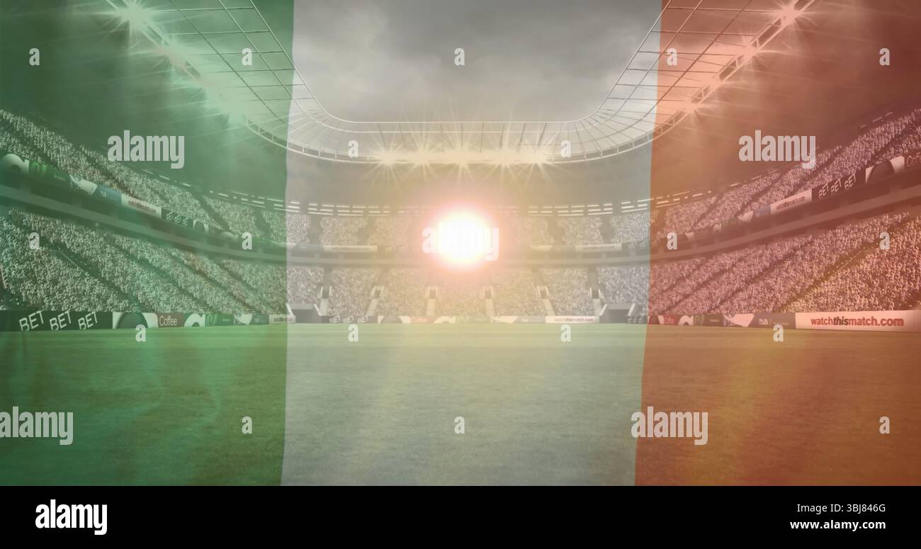 Showcasing football stadium seating and pitch with floodlights, sun ...