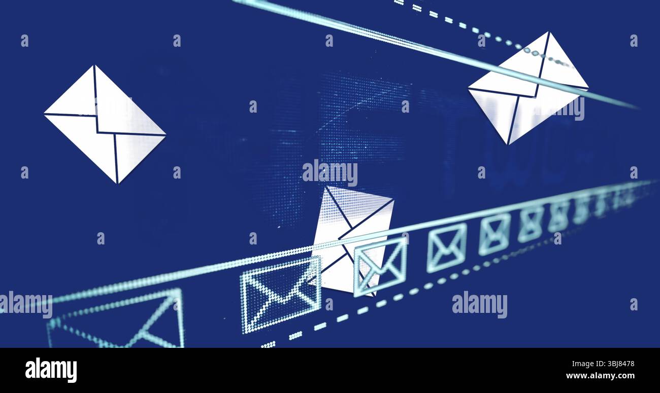 Moving white envelope cluster flowing along neon dotted lines in ...