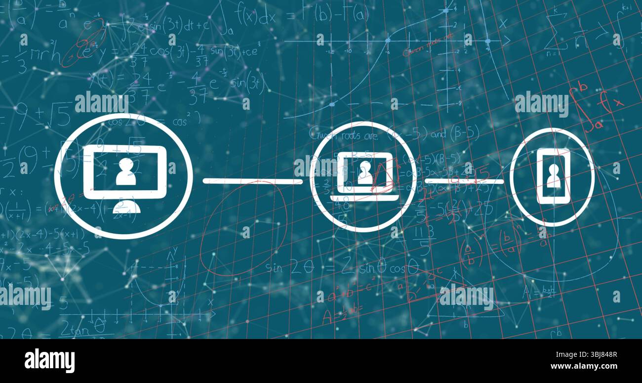 Displaying desktop, laptop, smartphone icons in white circles against ...