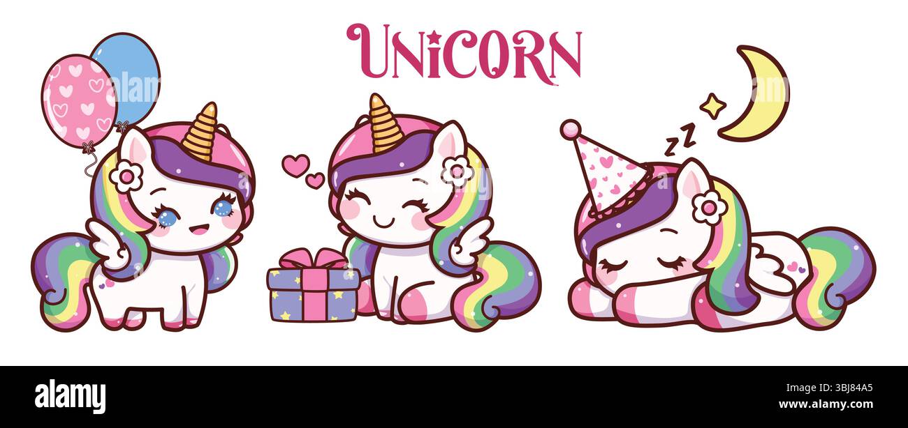 Unicorn birthday character clipart set. Cute pony for magical birthday ...