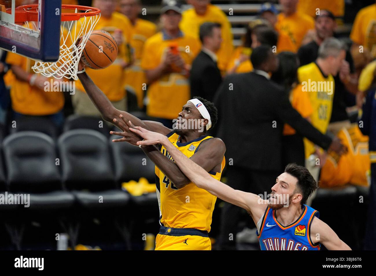 Indiana Pacers center Myles Turner (33) is fouled by Oklahoma City ...